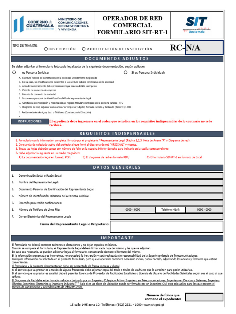 Formulario SIT RT 1 | PDF | Telecomunicaciones | Teléfonos móviles