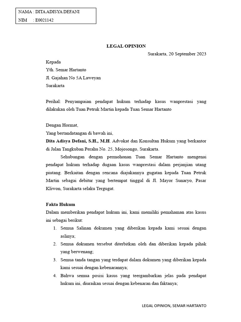 Contoh Legal Opinion | PDF | Pengelolaan Keuangan & Uang | Ilmu Sosial