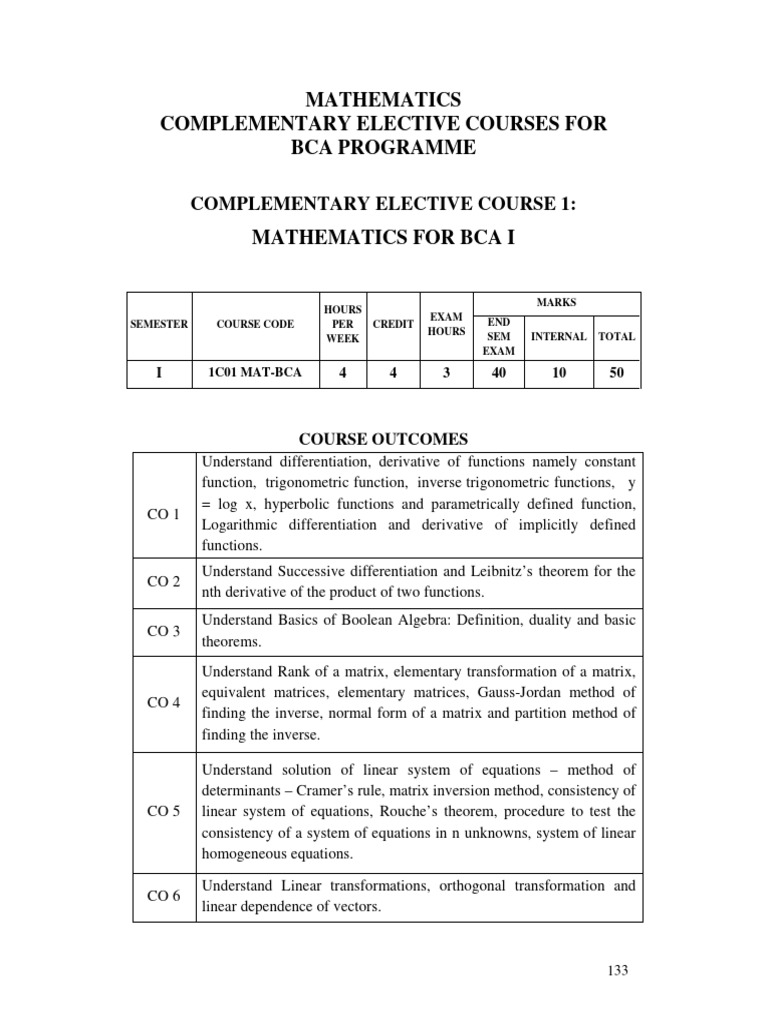 Mathematics Complementary Elective Courses For Bca Programme | PDF ...