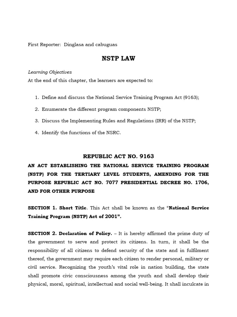 NSTP Law | PDF | Reserve Officers' Training Corps | Government