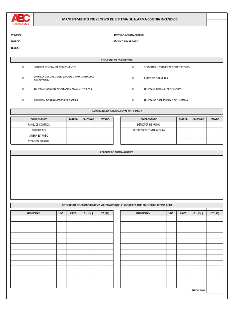 Formato Mantto. Preventivo de Sdaci | PDF