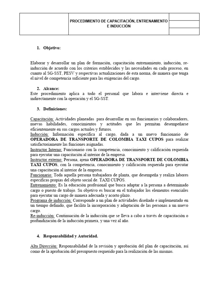 PROCEDIMIENTO DE CAPACITACIONES ENTRENAMIENTO E INDUCCIÓN 123 | PDF | Business | Razonamiento ...