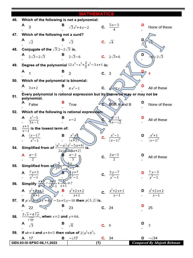 Class 9th Final MATH | PDF | Mathematical Analysis | Arithmetic