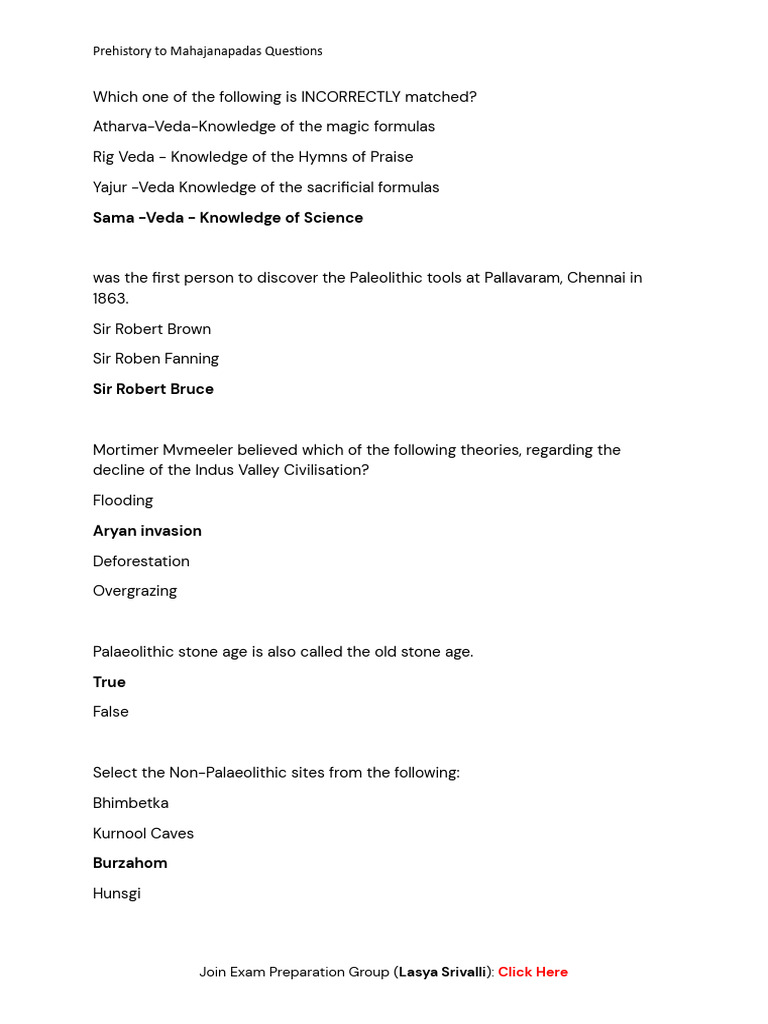 Ancient India 6PM Quiz Questions | PDF | Vedas | Paleolithic