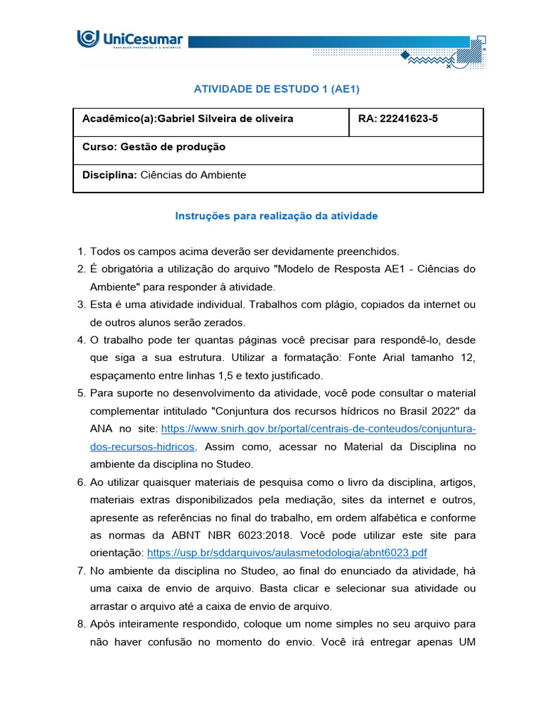 Modelo de Resposta Ae1 Ciências Do Ambiente | PDF | Água | Agricultura