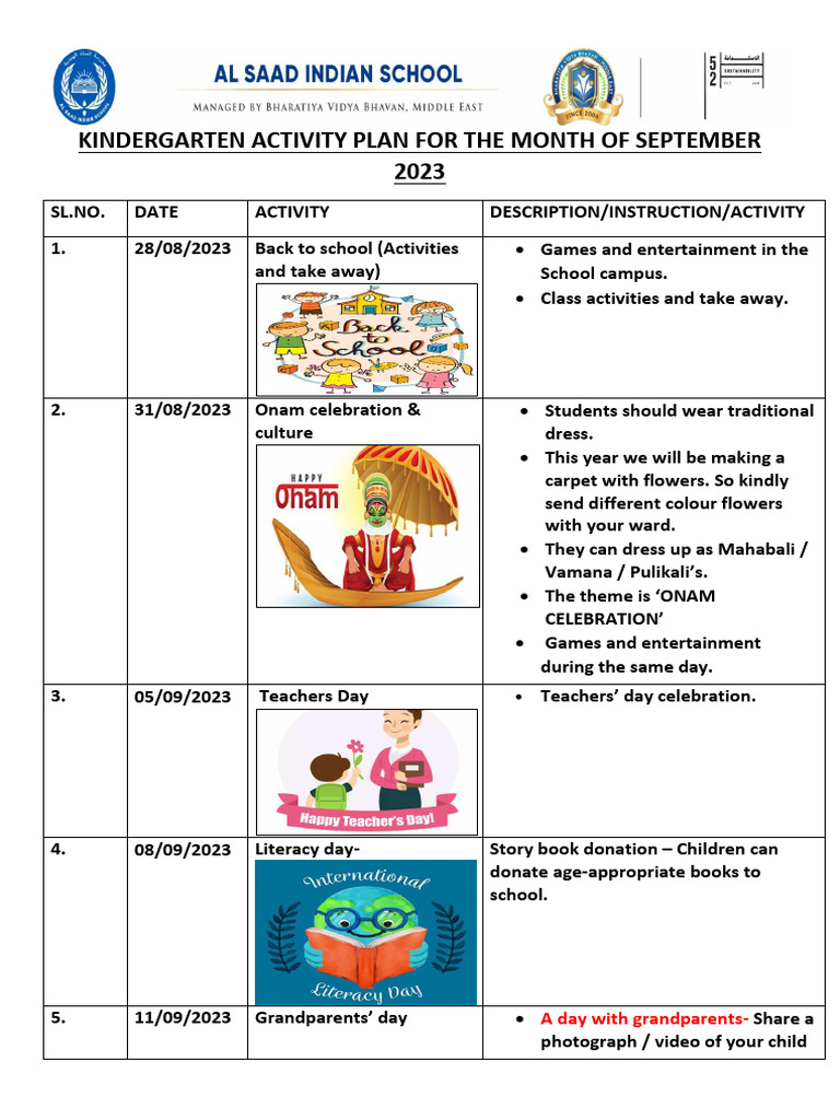 September Kindergarten Activities Plan | PDF