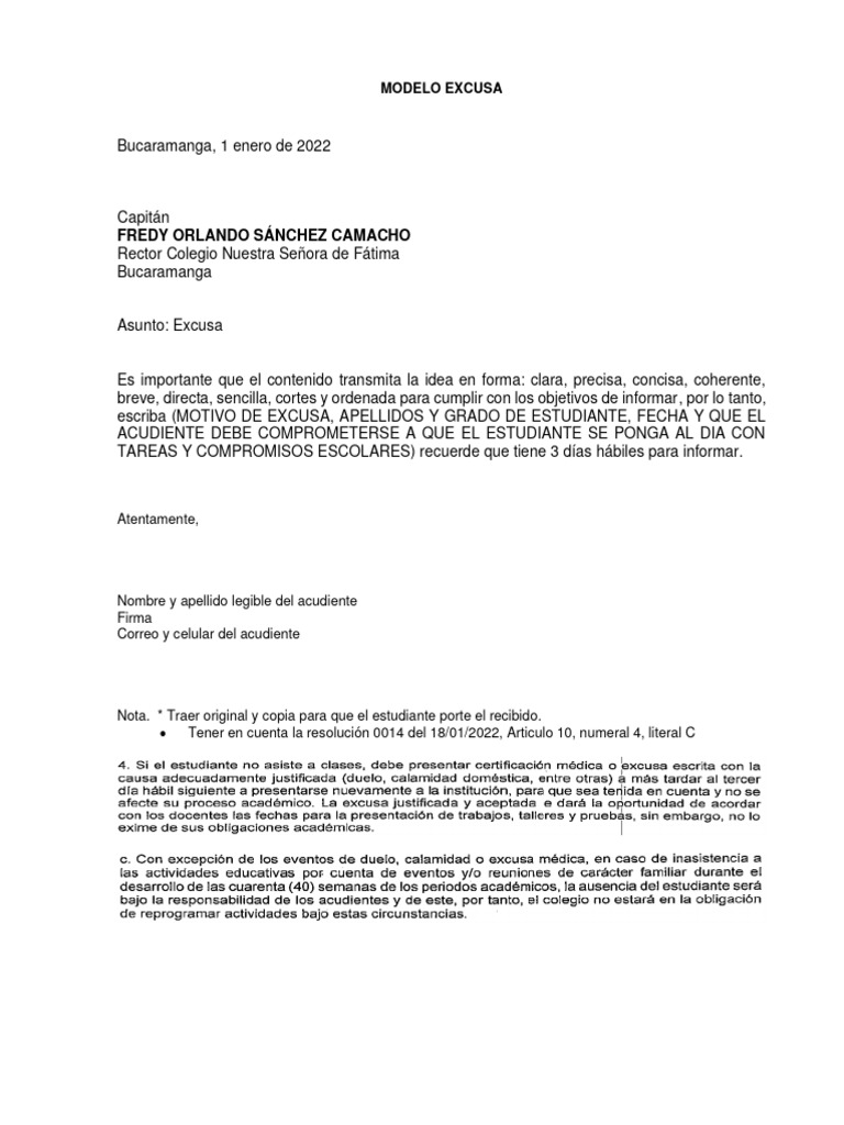 Modelo de Excusa Escolar Sencilla | PDF
