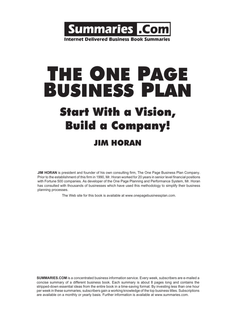 The One Page Business Plan | PDF | Thought | Subscription Business Model