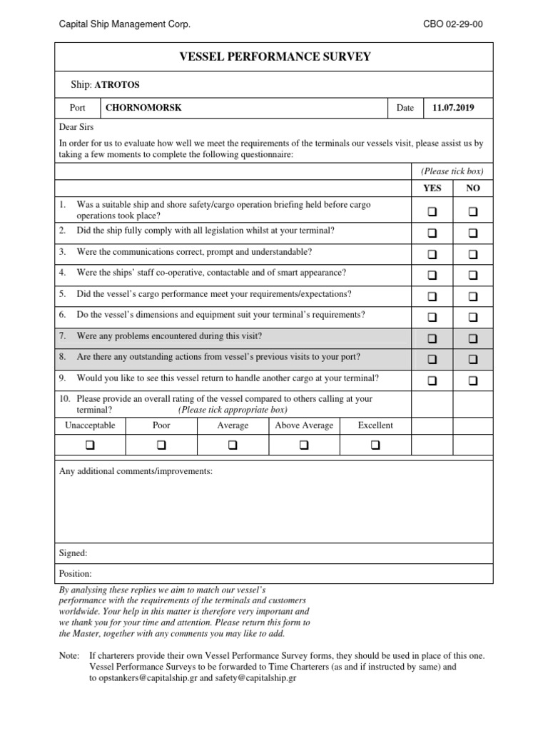 CBO 29 Vessel Performance Survey | PDF | Shipping | Water Transport