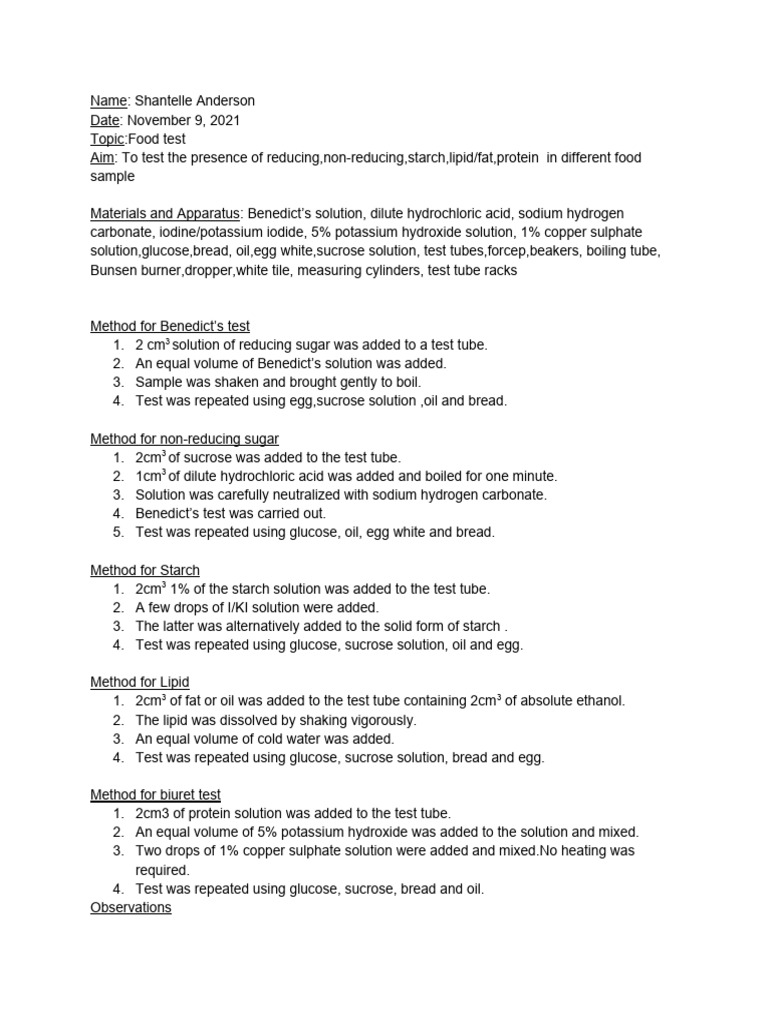 Food Test Lab | PDF | Foods | Proteins