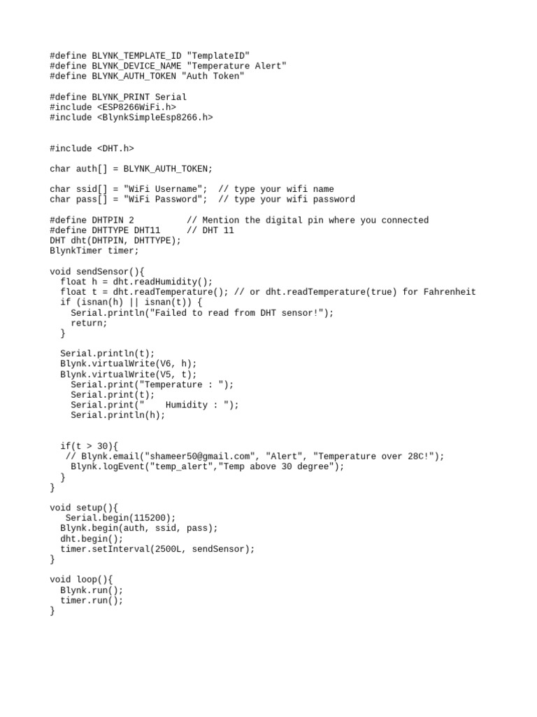 Temperature Alert Notification Using Blynk Iot.ino | PDF Temperature Alert Notification Using Blynk Iot.ino | PDF
