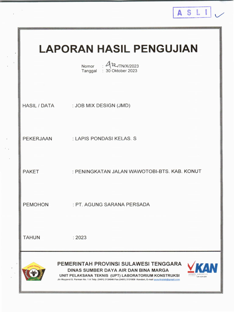 Laporan JMD Lapis Pondasi Kelas S Wawotobi | PDF