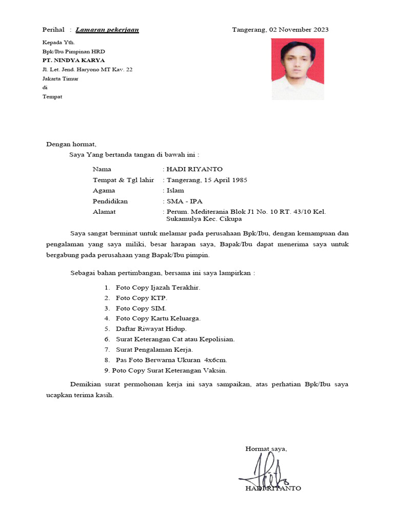 Surat Lamaran Kerja Hadi Riyanto | PDF