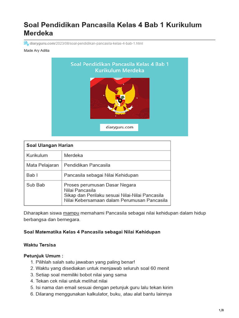 Soal Pendidikan Pancasila Kelas 4 Bab 1 Kurikulum Merdeka | PDF