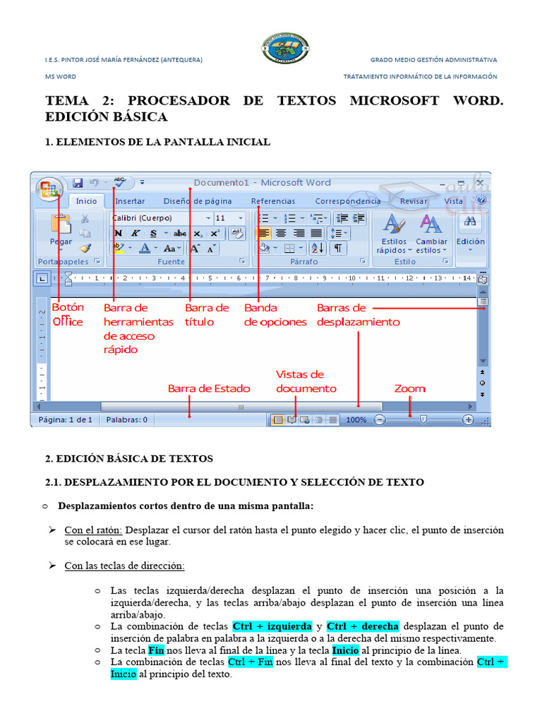 Tema 2. Procesador de Textos Microsoft Word. Edición Básica | PDF ...