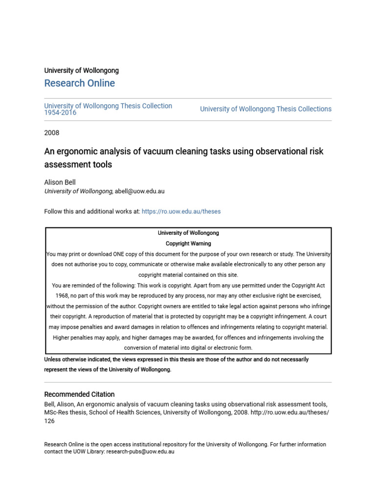 An Ergonomic Analysis of Vacuum Cleaning Tasks Using Observationa | PDF ...