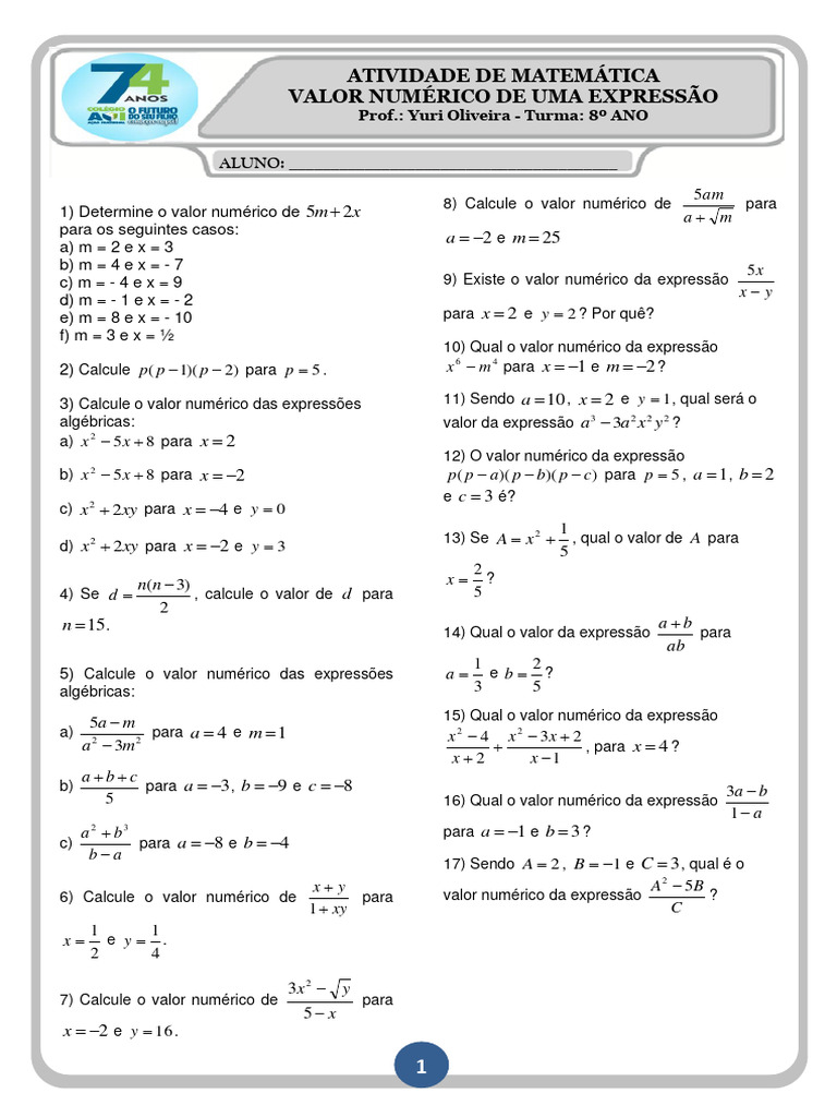 Cálculo de Valores Numéricos em Expressões | PDF | Matemática | Lógica matemática