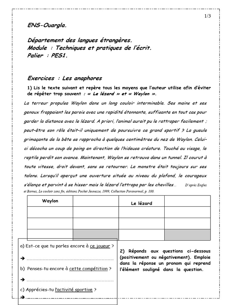 Exercices sur les anaphores en français | PDF | Des sports