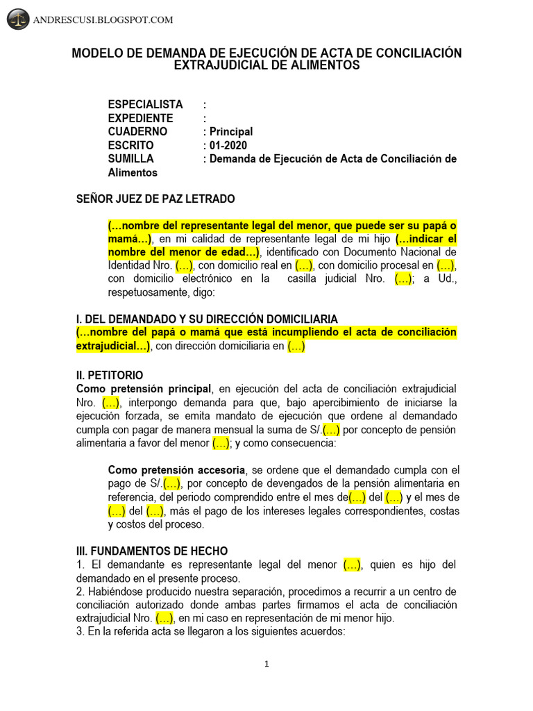Modelo de Demanda de Ejecucion de Acta de Conciliacion de Alimentos ... Modelo de Demanda de Ejecucion de Acta de Conciliacion de Alimentos ...