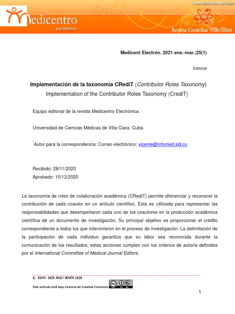 Implementación de La Taxonomía CRediT (Contributor Roles Taxonomy ...