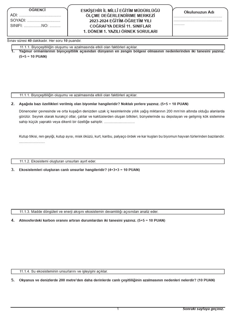 2023-2024 11. Sinif 1. Doynem 1. Sinav Oyrnek Sorulari | PDF