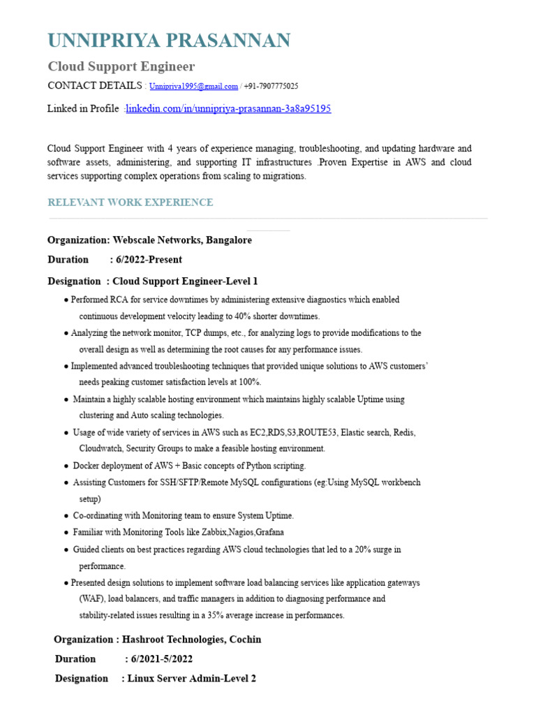 UnnipriyaResume 1 1 | PDF | Cloud Computing | Amazon Web Services