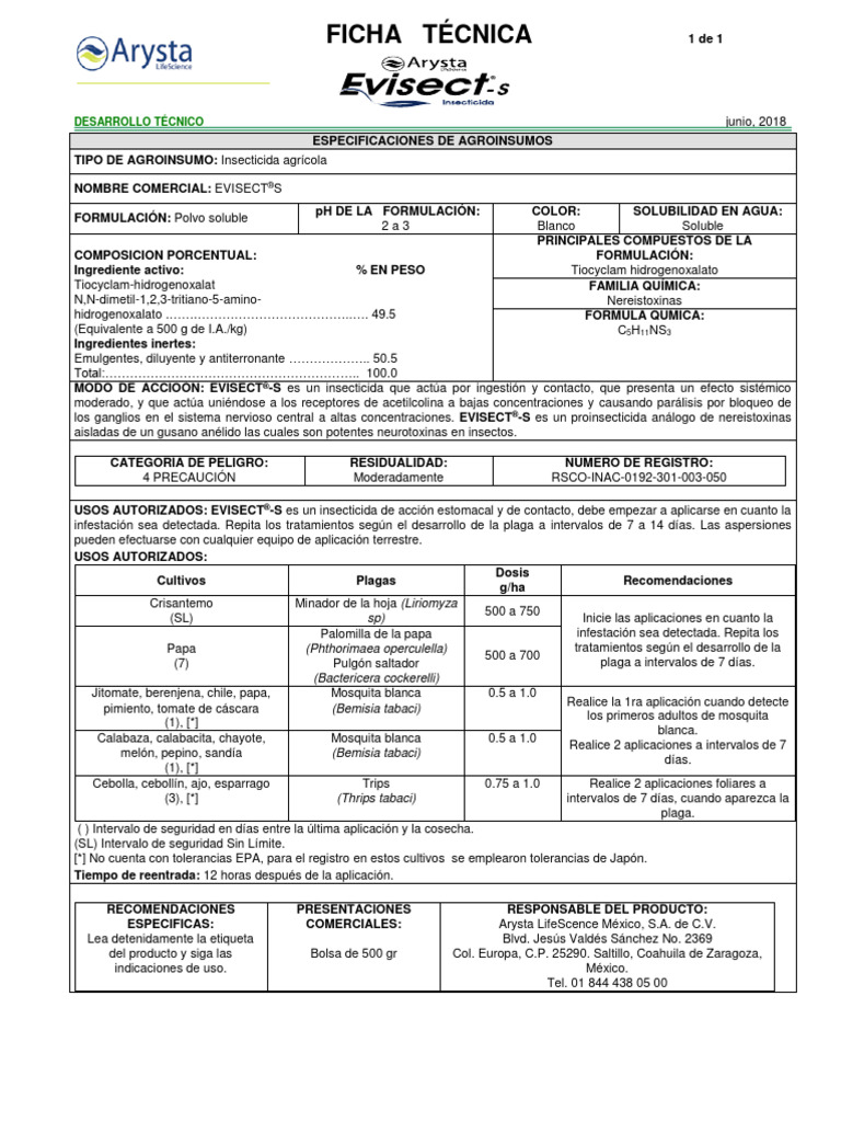 Ficha Técnica Evisect S Arysta (México) | PDF