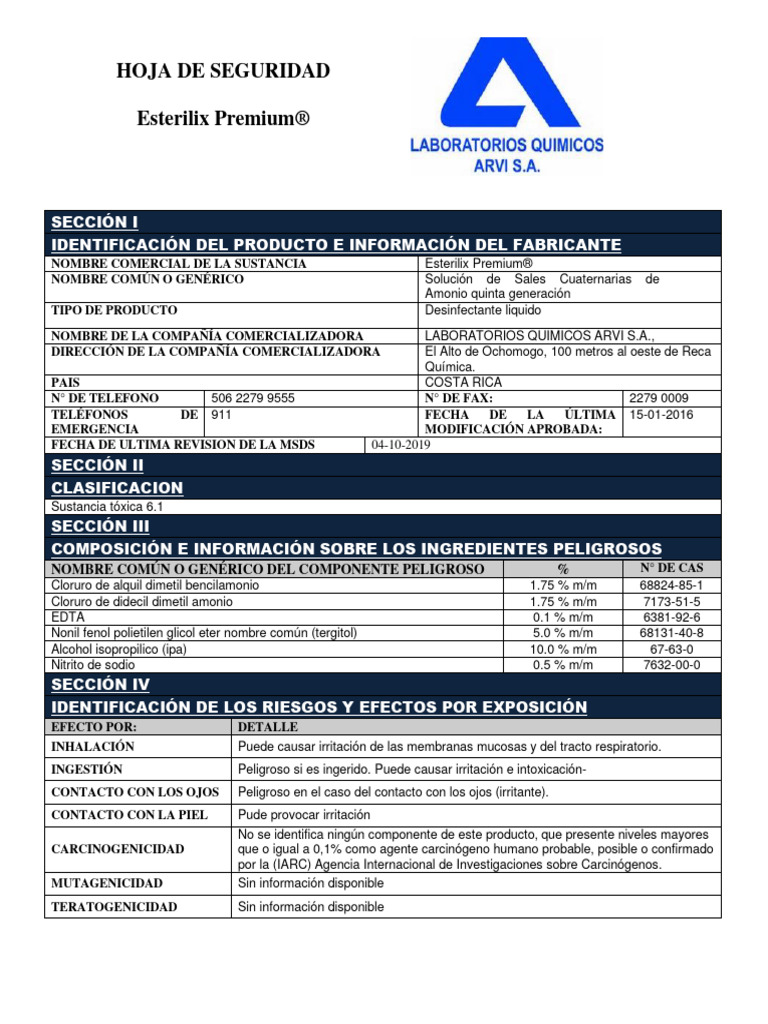 Esterilix-Premium HOJA de SEGURIDAD | PDF | Agua | Solubilidad