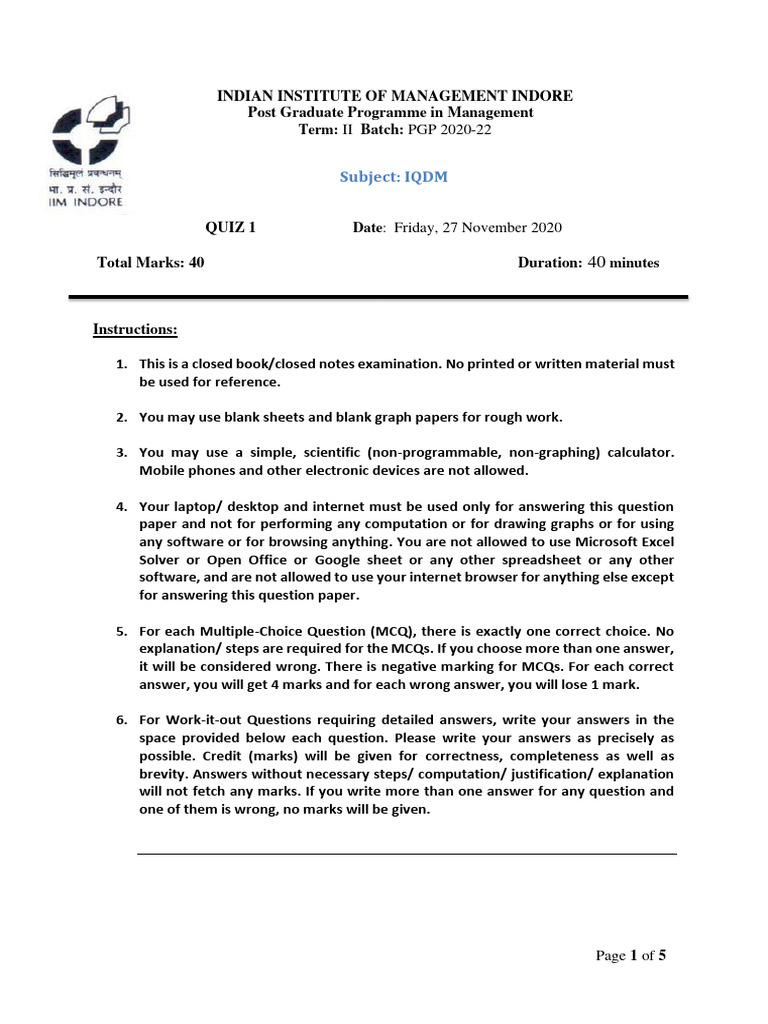 Iqdm 2020 Quiz1 Solution Outline Download Free Pdf Mathematical Optimization