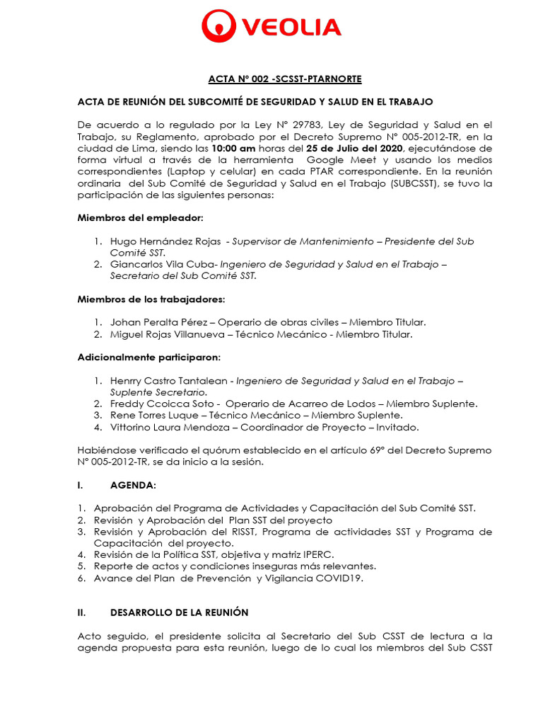 Acta de Reunion Ordinaria Del SUB CSST - 002 - PTAR NORTE ESTE 2020 | PDF | Negocios