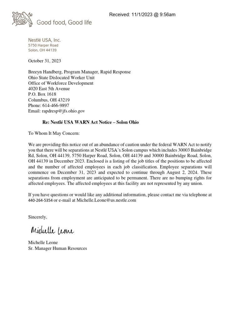 Nestle Letter To State of Ohio Announcing Layoffs in Solon | PDF ...