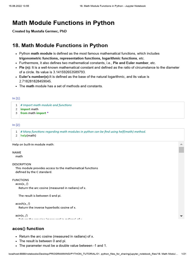 18 MathModuleFunctionsinPython-JupyterNotebook | PDF | Mathematical ...