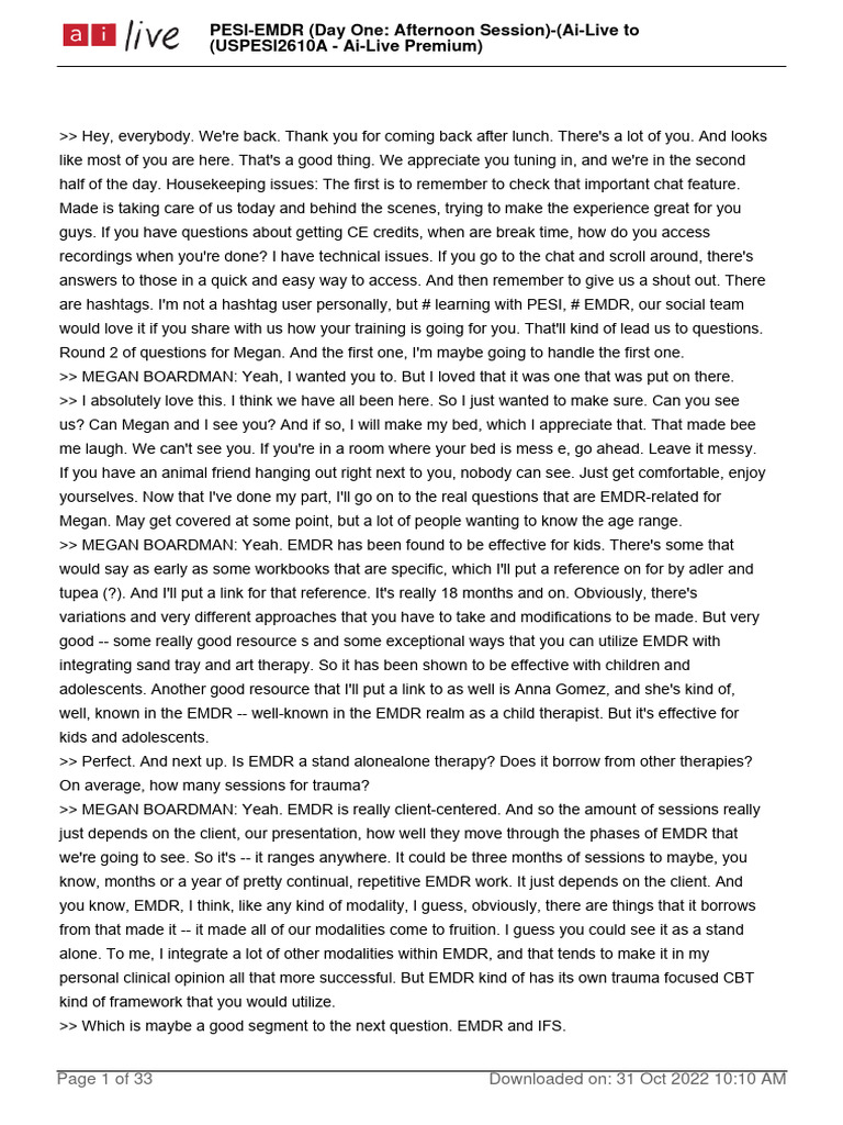Emdr Transcript Day 1 Part 2 | PDF | Eye Movement Desensitization And Reprocessing ...