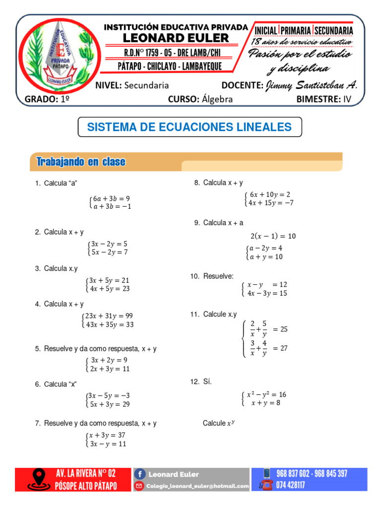 2 - Sistema de Ecuaciones Lineales - Álgebra 1° Iv Bim. | PDF | Matemáticas