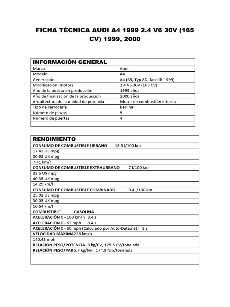 Ficha Técnica Audi A4 | PDF | Sistema de freno antibloqueo | Transporte