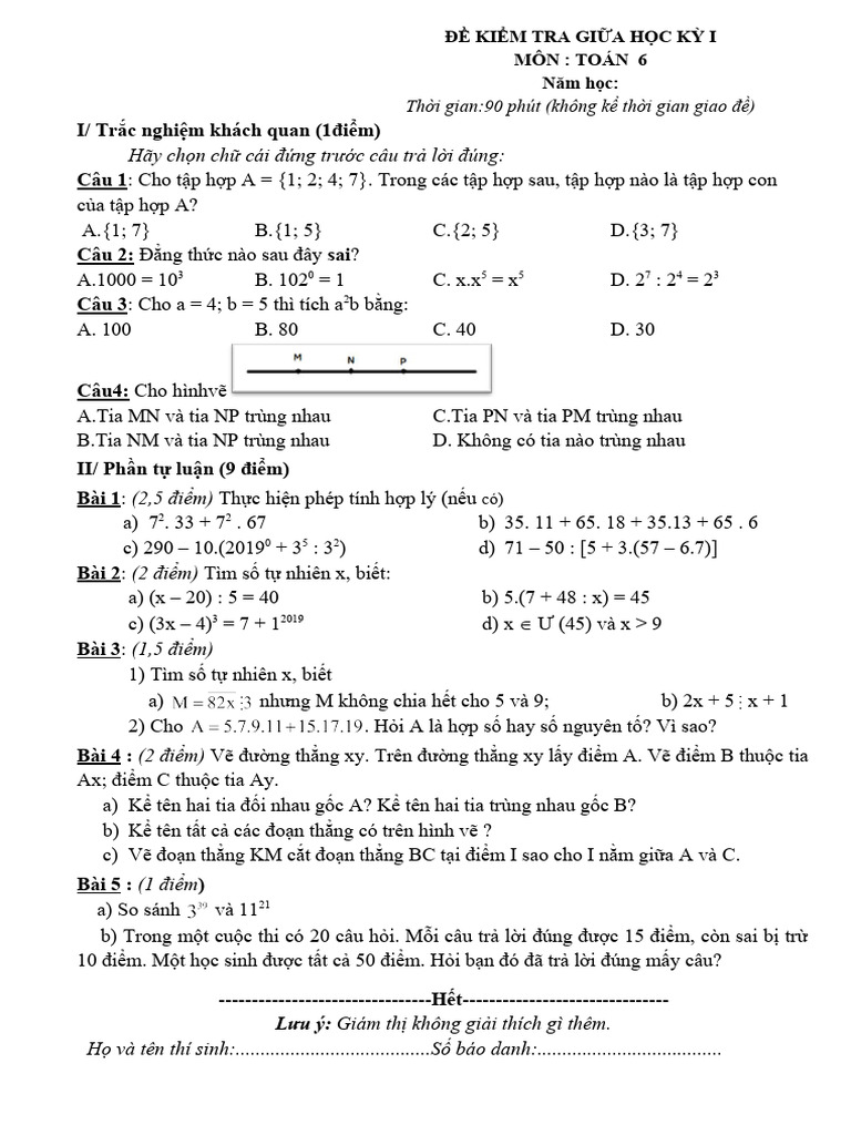 ĐỀ KIỂM TRA GIỮA HKI 6 | PDF