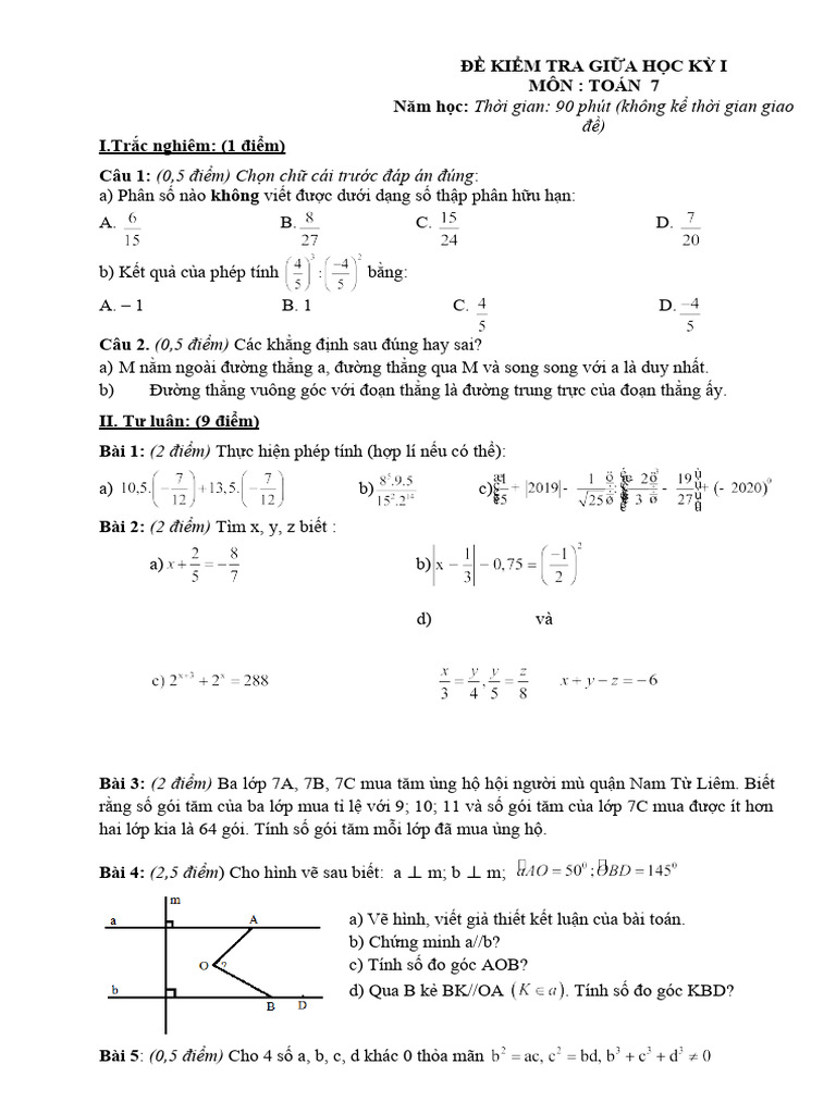 đề ktra toán 7 giữa kì 1 | PDF