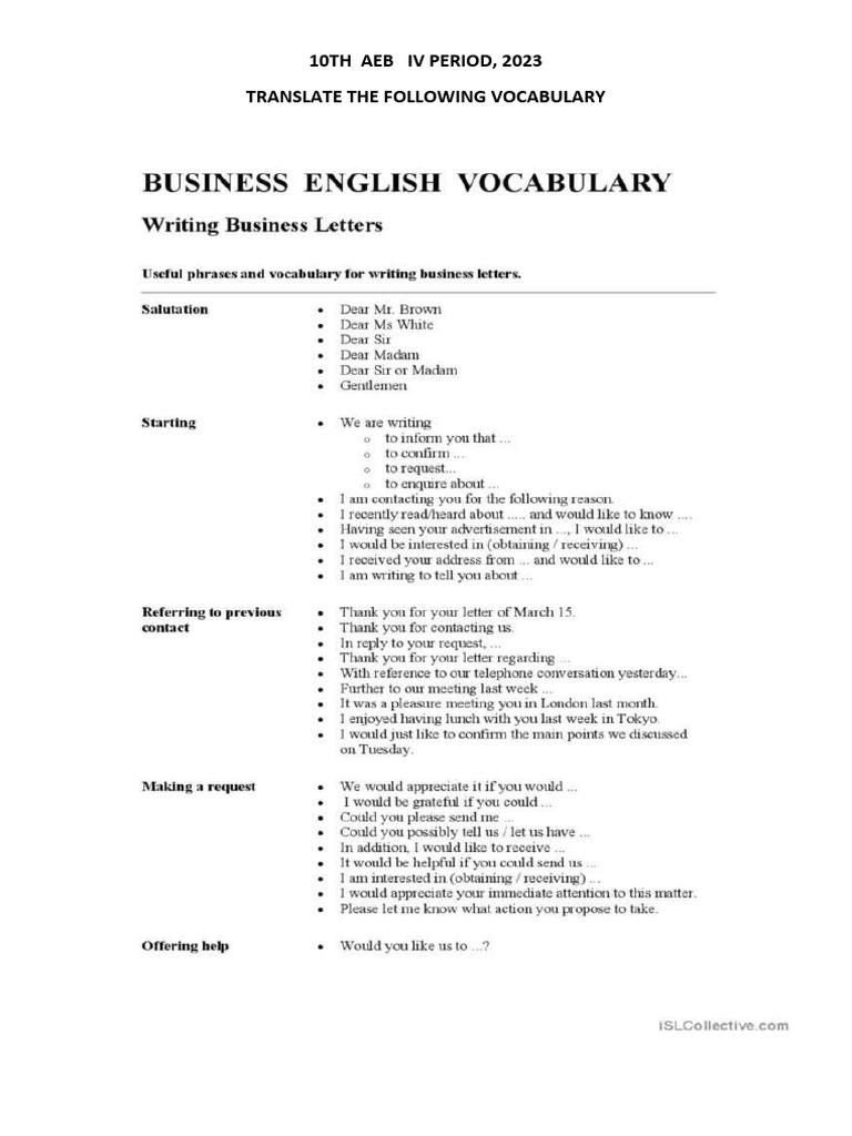 Formal Letter Writing Vocabulary Guide | PDF