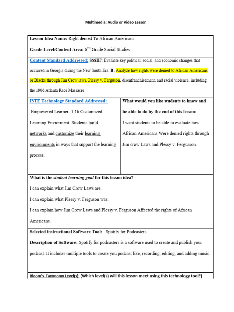 Lesson Plan Multimedia | PDF | Multimedia | Jim Crow Laws