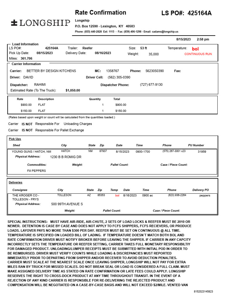 Rate Confirmation 425164 | PDF | Consumer Goods | Supply Chain Management