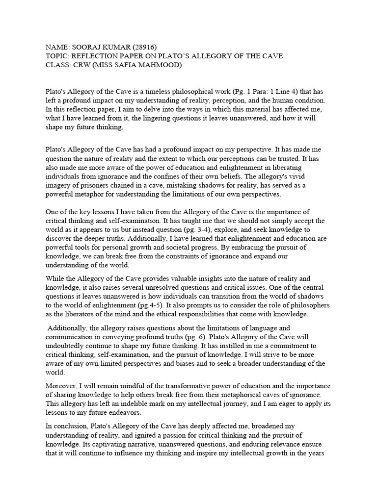 Reflection Paper On Plato's Allegory of The Cave-28916 (SOORAJ) | PDF ...