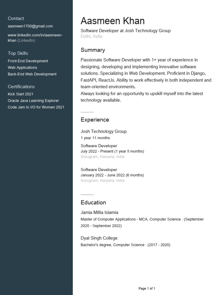 Aasmeen Khan: Software Developer Profile | PDF | Career & Growth | Computers