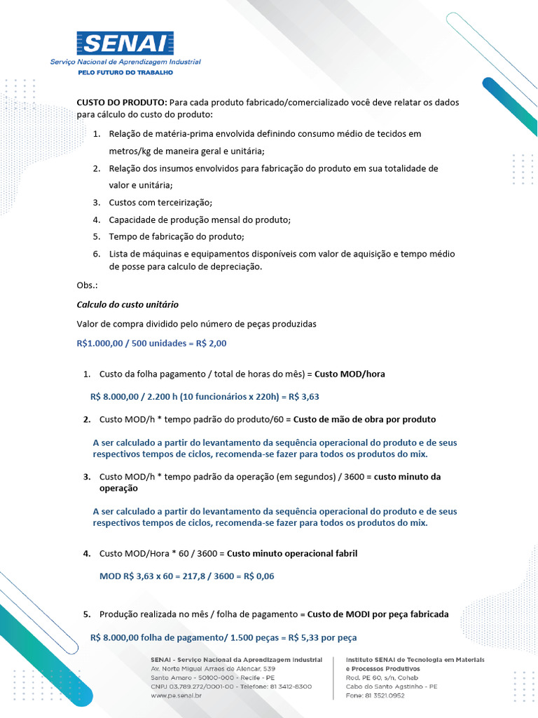 Cálculo do Custo de Produtos Fabricados | PDF | Tecnologia e Engenharia