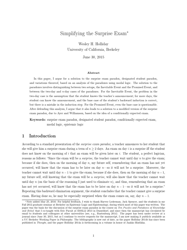 Solution to the Surprise Exam Paradox | PDF | Knowledge | Logic