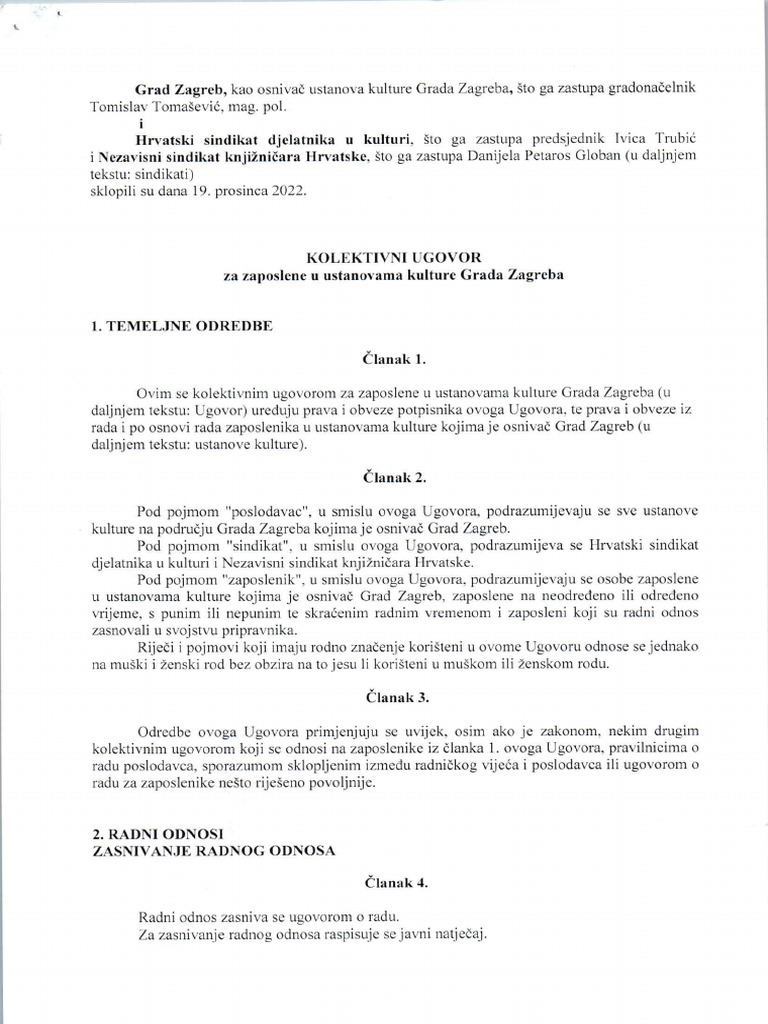 Kolektivni Ugovor Za Zaposlene U Ustanovama Kulture Grada Zagreba 1.1. ...