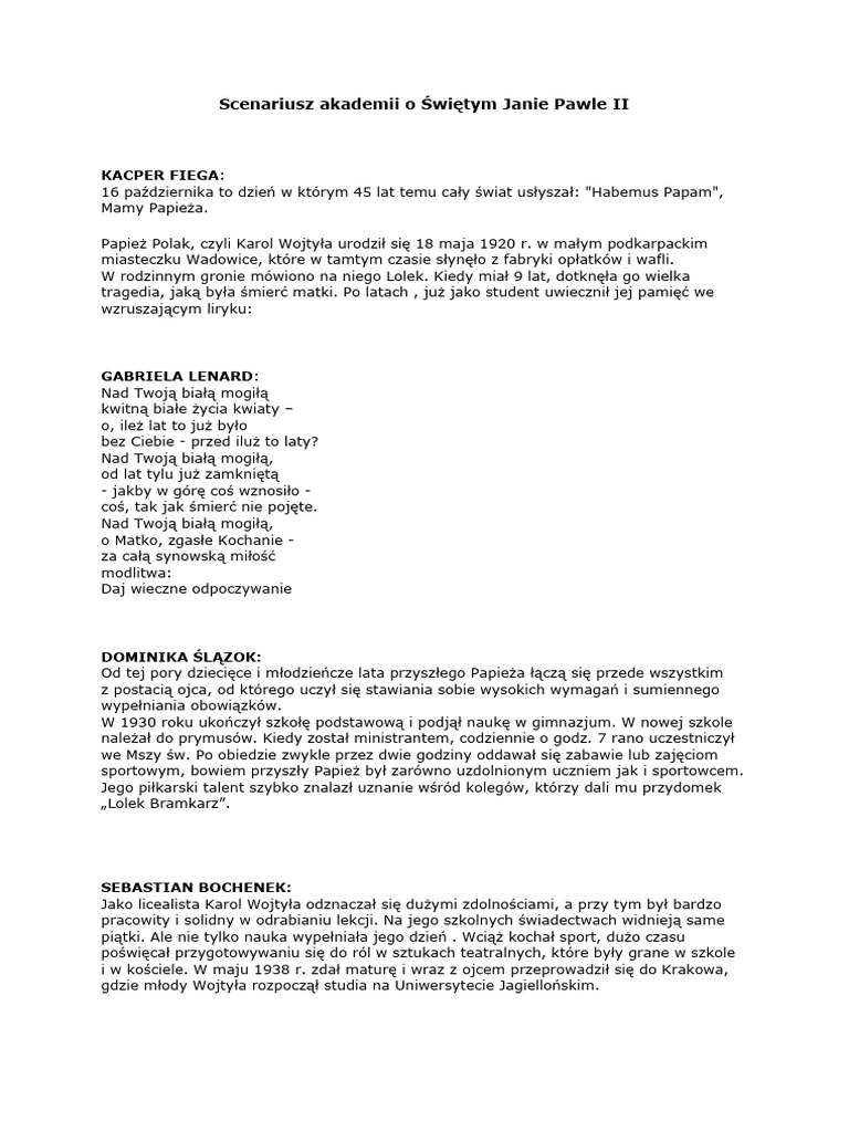Scenariusz Akademii o Świętym Janie Pawle II | PDF