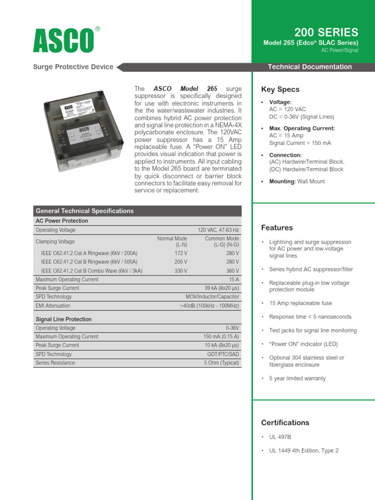 ASCO 265 Series Surge Protective Device (Edco SLAC) | PDF ...