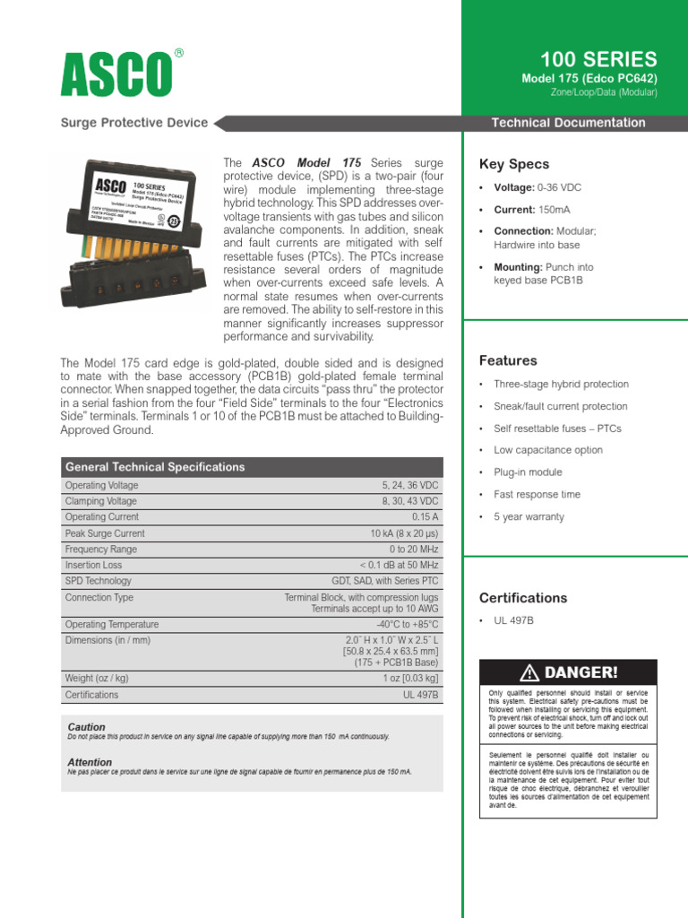ASCO - Model 175DataSheet | PDF | Physical Quantities | Physical Sciences
