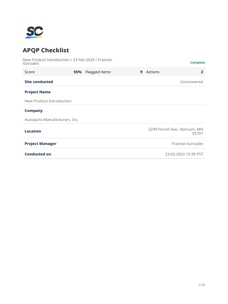 APQP Checklist Sample PDF Report | Download Free PDF | Reliability Engineering | Business Process