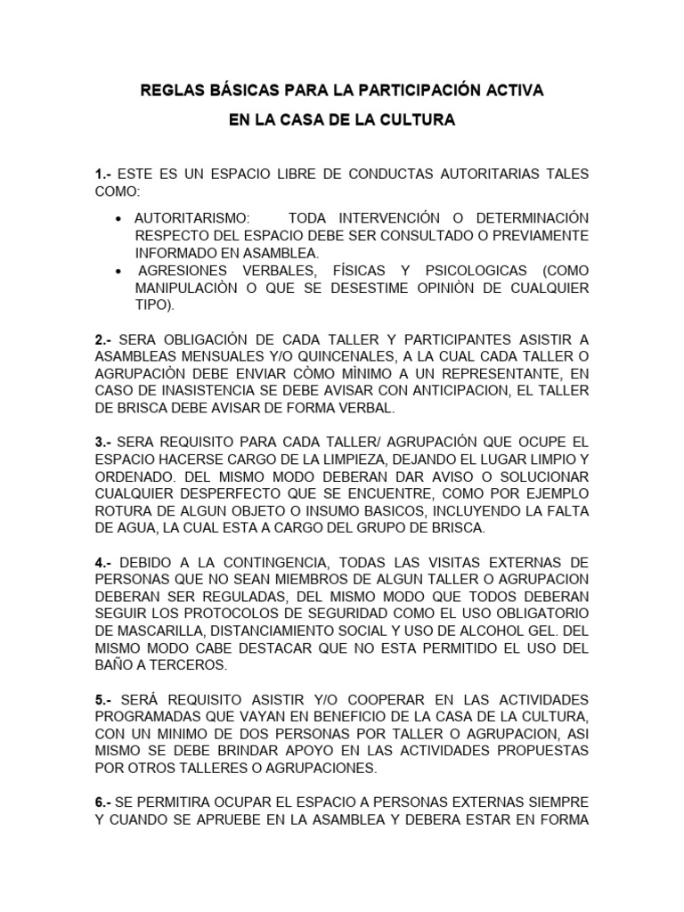 Reglas de Participación en la Casa de Cultura | PDF | Ciencias sociales ...